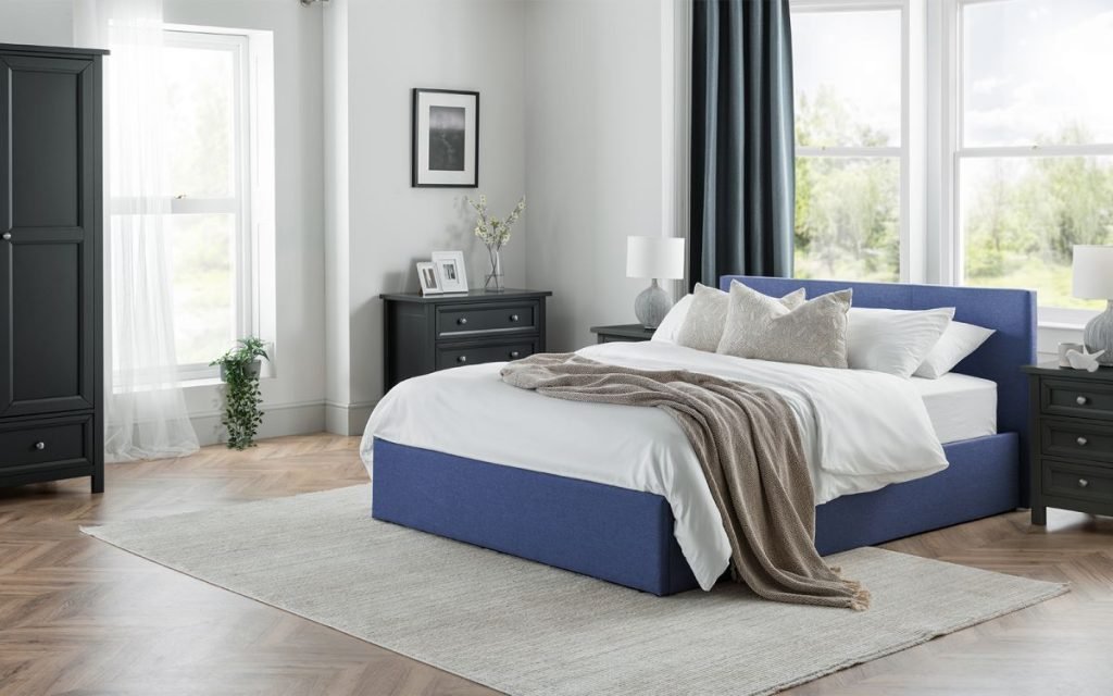 Rialto Lift Up Storage Bed Dark Blue Linen 150cm - Only Oak Furniture