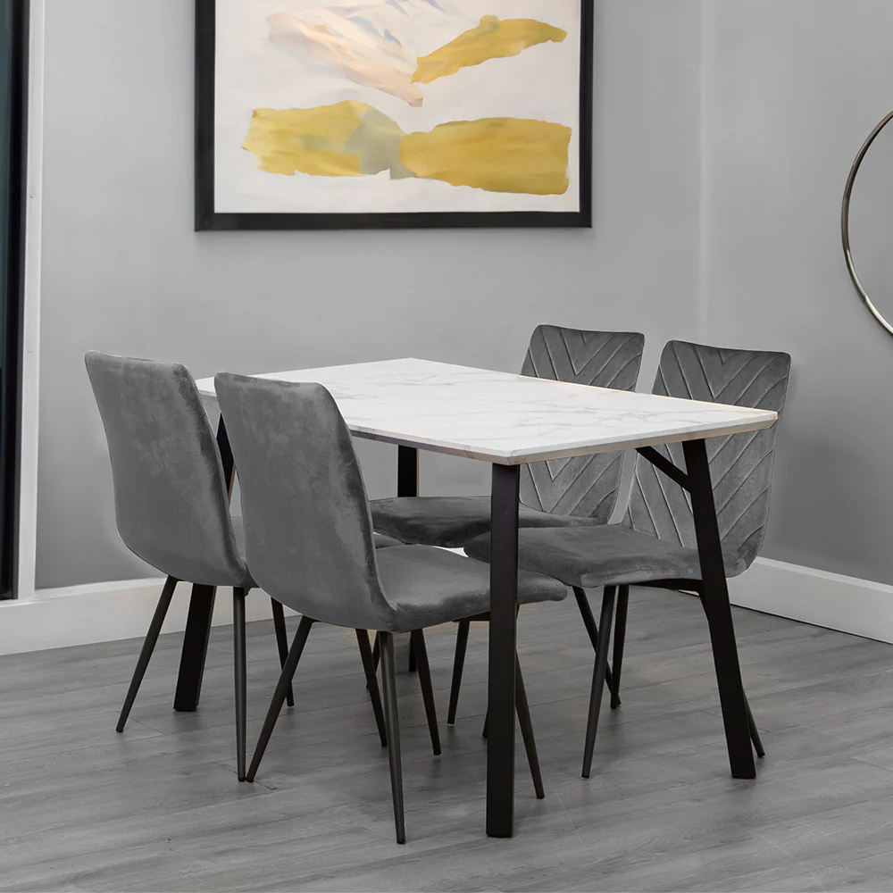 1.2m Marble Effect Table 4 Grey Velvet Chairs