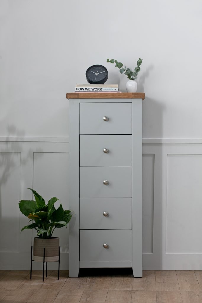 Manu French Grey 5 Drawer Tall Chest - Only Oak Furniture